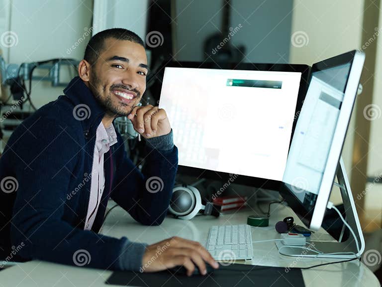 Computer Screen, Portrait and Smile of Programmer at Desk in Office for ...