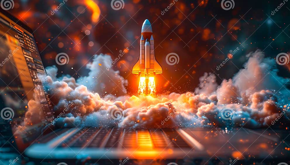 A Computer Screen with a Rocket Launching into the Sky Stock Image ...