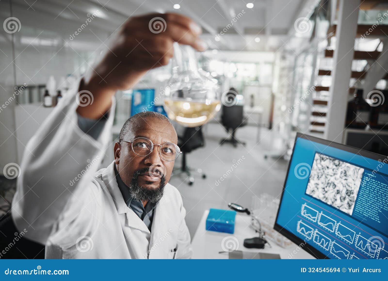 Computer Screen, Science and Solution with Man in Lab for Medical or ...