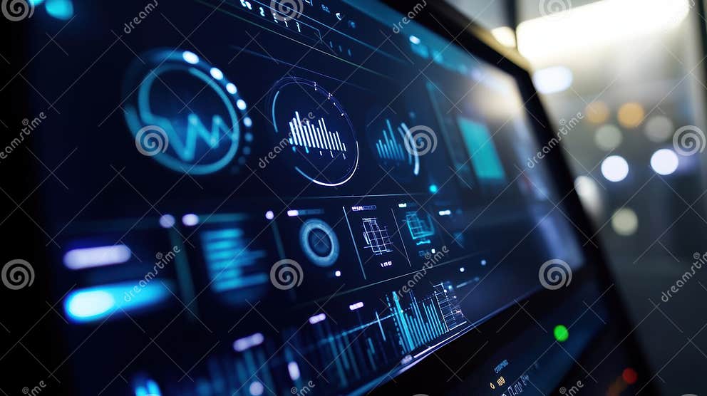 Computer Screen Showing Futuristic Interface with Graphs and Charts Displaying Complex Data ...