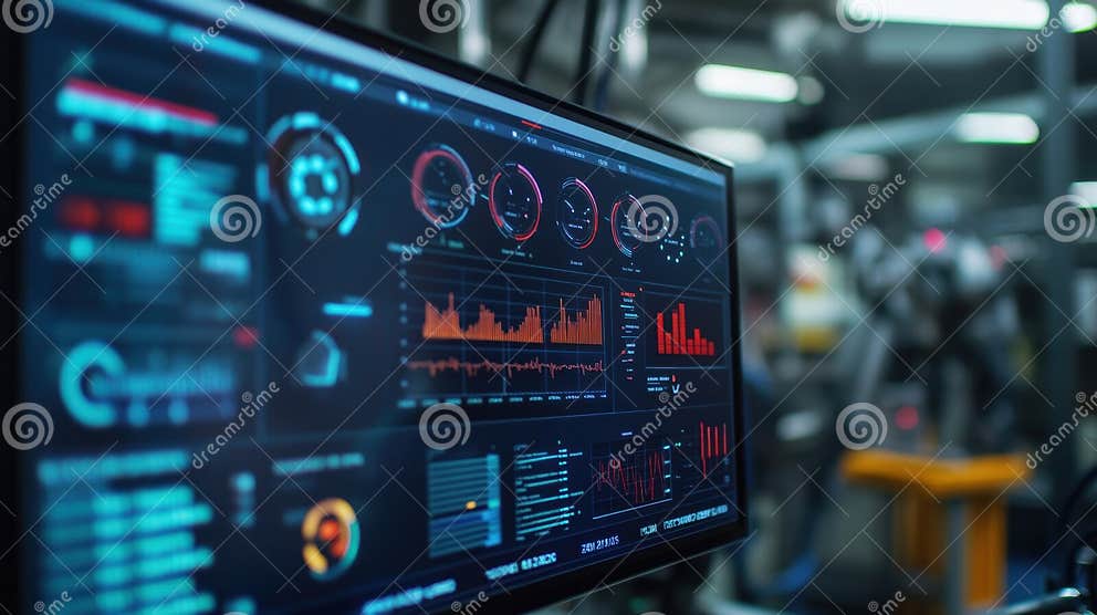 Computer Screen Showing Futuristic Interface with Graphs and Statistics in a Technological ...