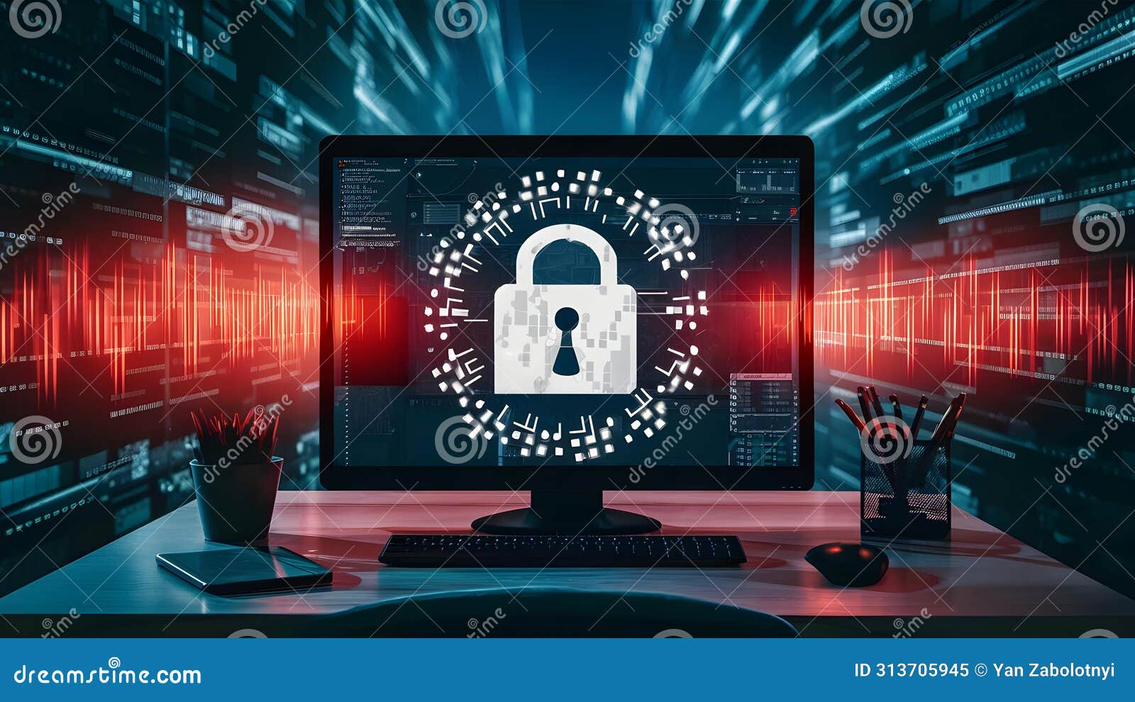 Computer Screen Showing Secure Network Interface with Red Virus Alert ...