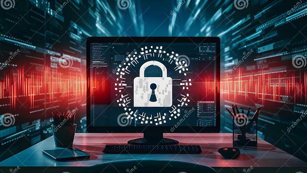 Computer Screen Showing Secure Network Interface with Red Virus Alert ...
