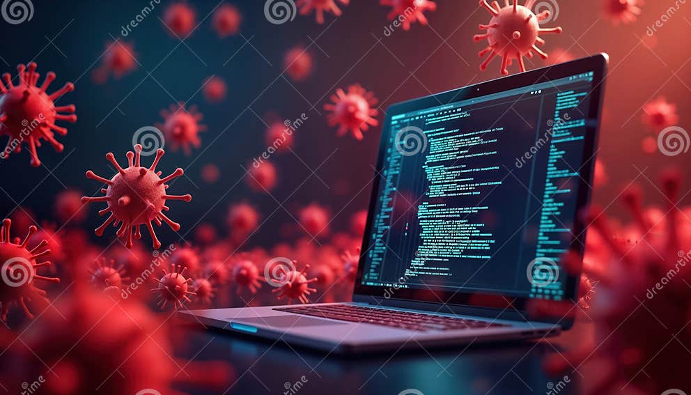 Computer Screen Shows Code Under Cyberattack. Viruses Surround Laptop ...