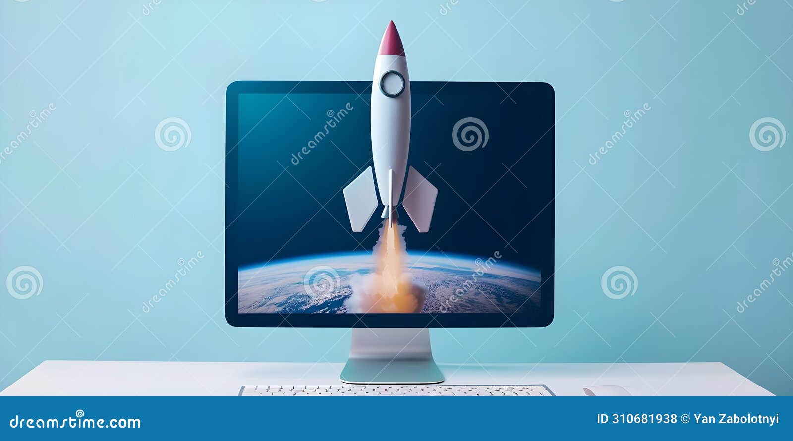 Computer Screen Shows Rocket Representing Startup Concept with Blue ...