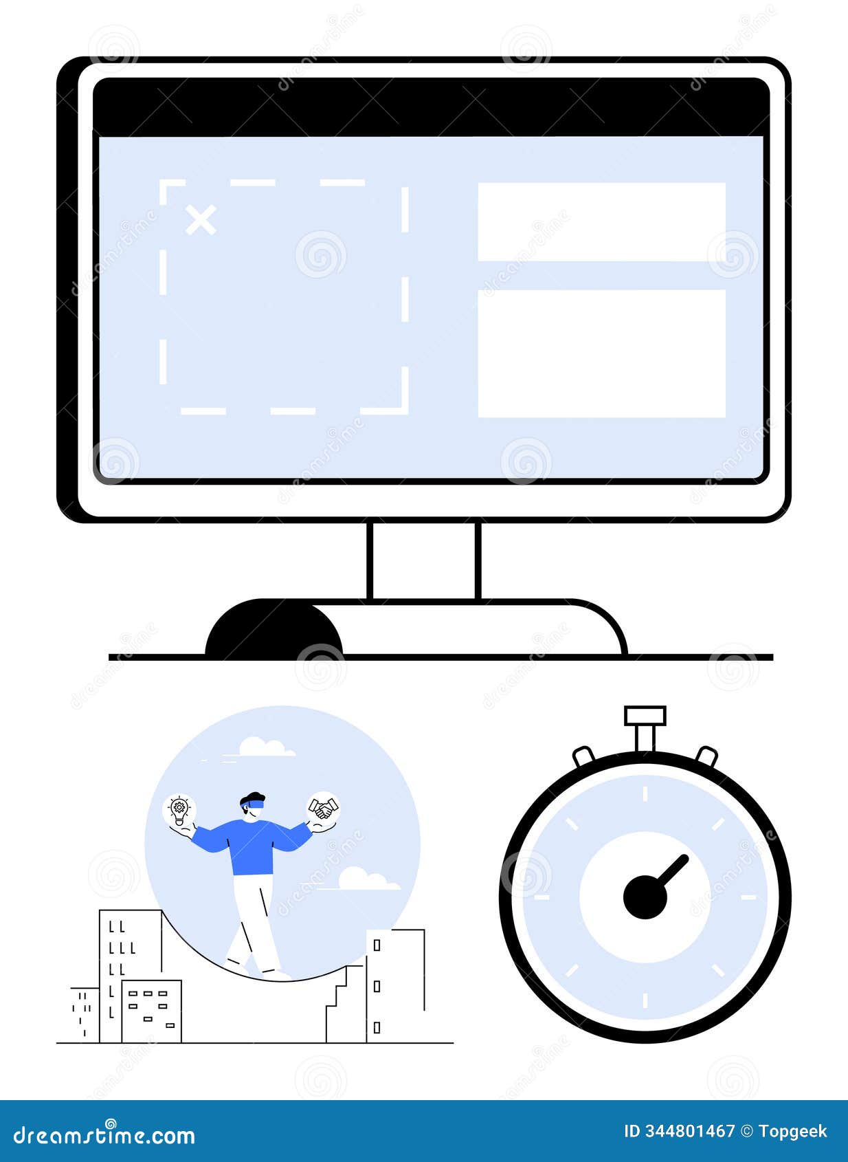 Computer Screen, Person Balancing on Tightrope, and Stopwatch ...