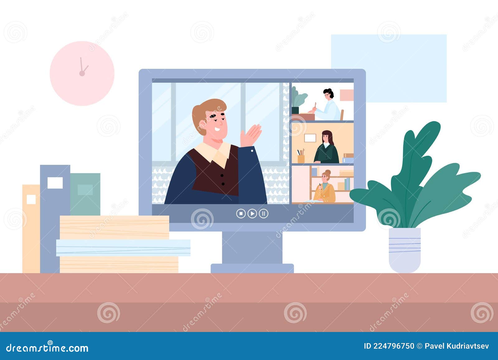 Computer Screen with Virtual Video Conference Chat, Cartoon Vector ...