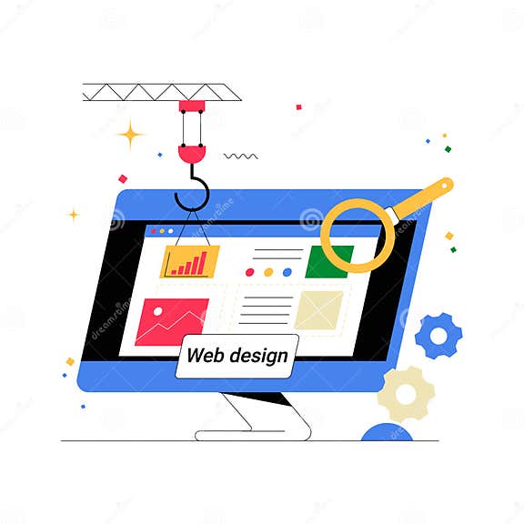 Computer Screen with Web Design Elements in Flat Vector Illustration ...