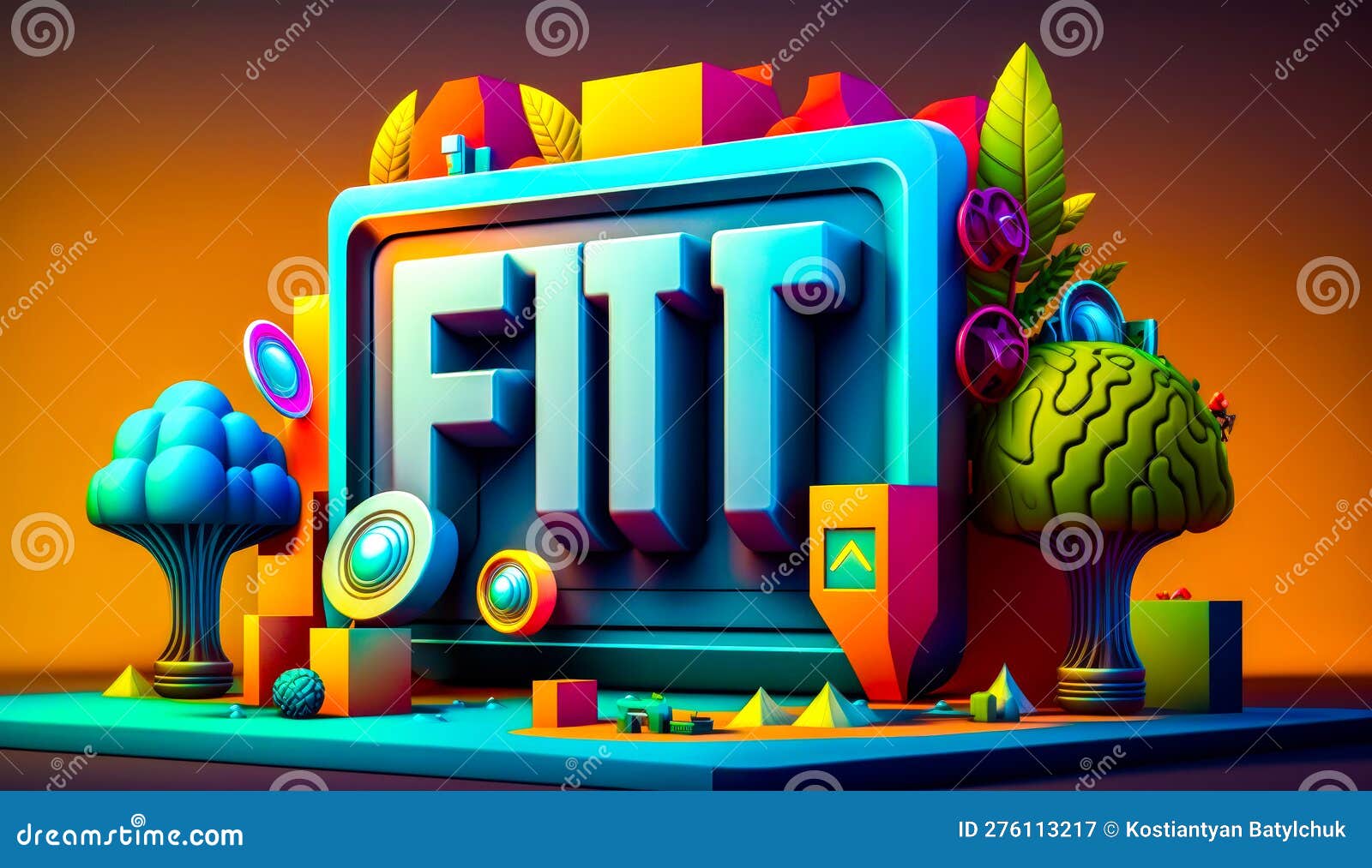 Computer Screen with the Word Fit on it and Bunch of Colorful Objects ...