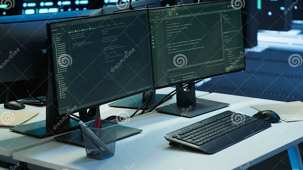 Computer Screens on Desk in Advanced Server Hub Stock Image - Image of ...