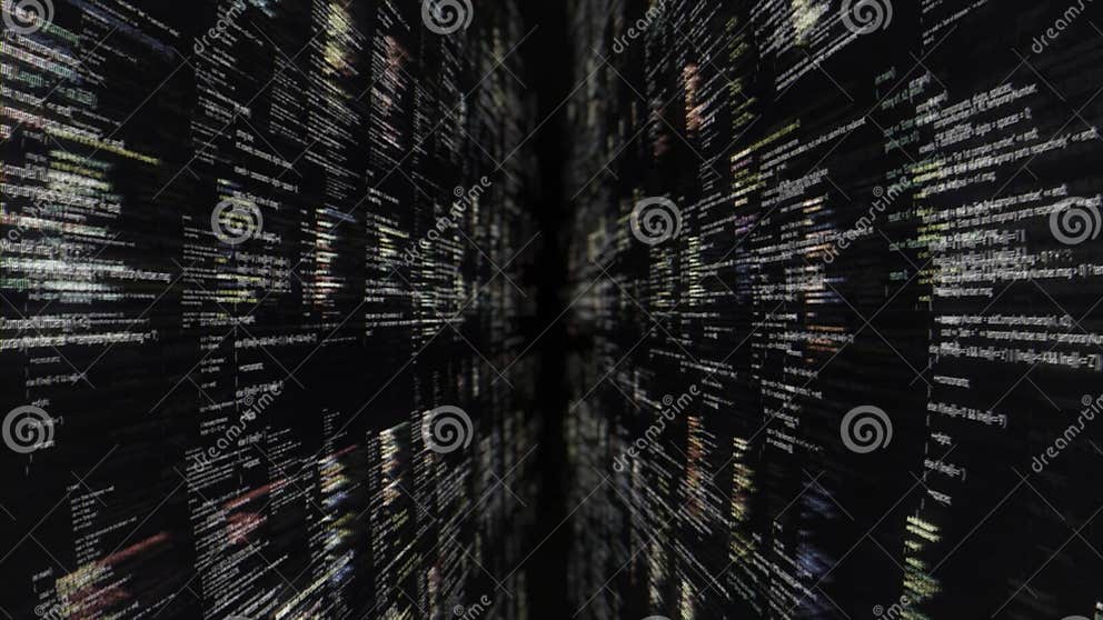 Computer Script Being Typed Endlessly on Black Background. Animation. Flying through Changing ...