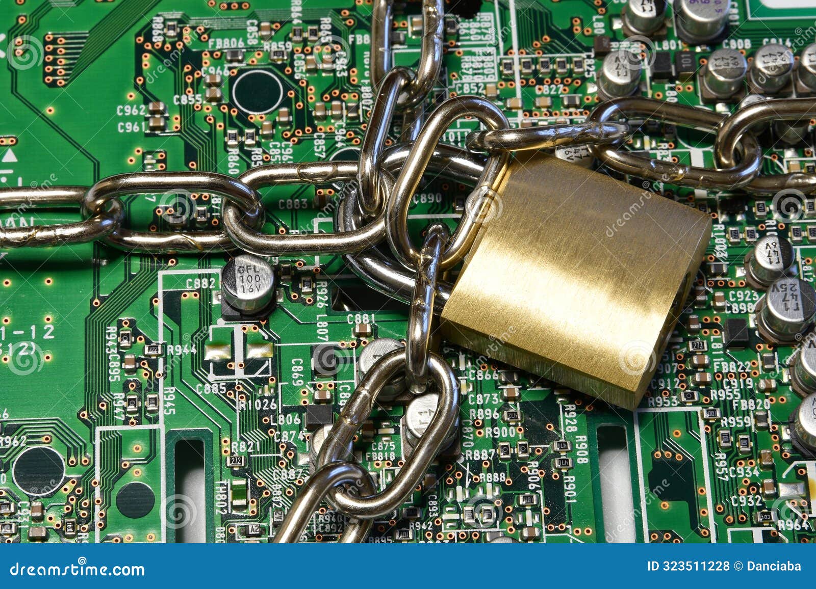 Computer Security Concept. Iron Chain and Padlock on Green Computer ...