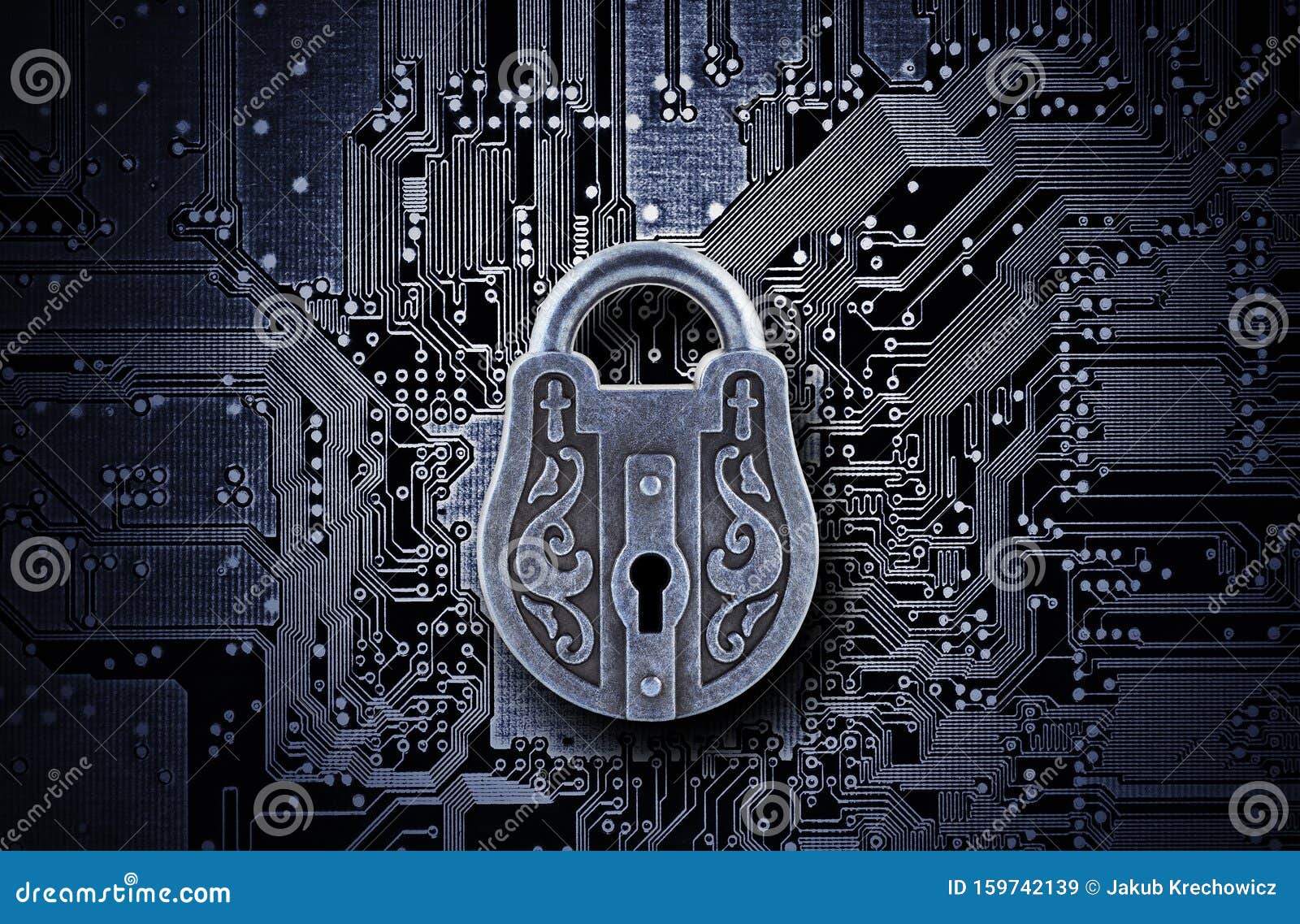 Computer Security Concept. Mysterious Padlock on Computer Circuit Board ...