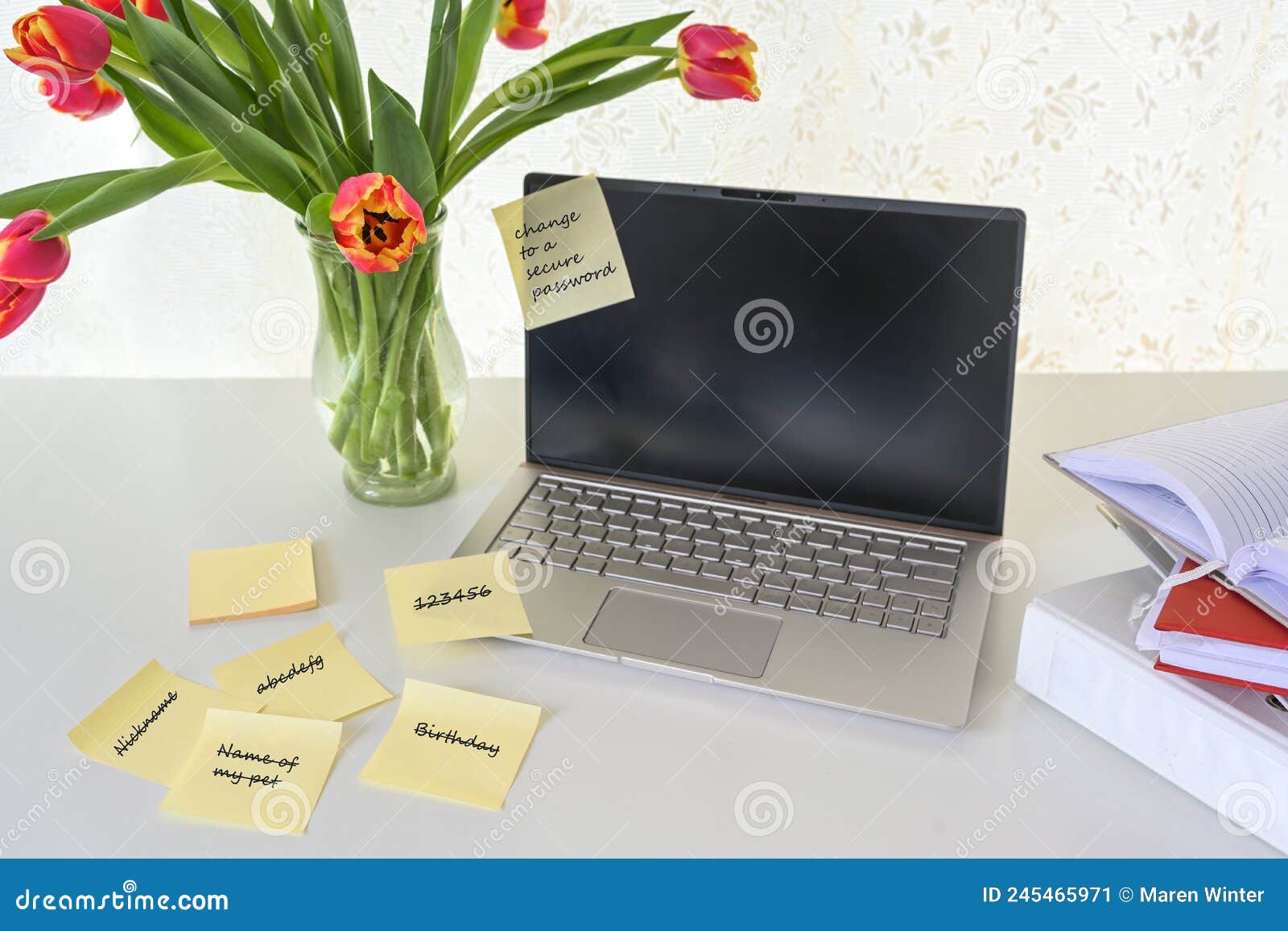 Computer Security, Laptop with Various Sticky Password Notes on a White ...
