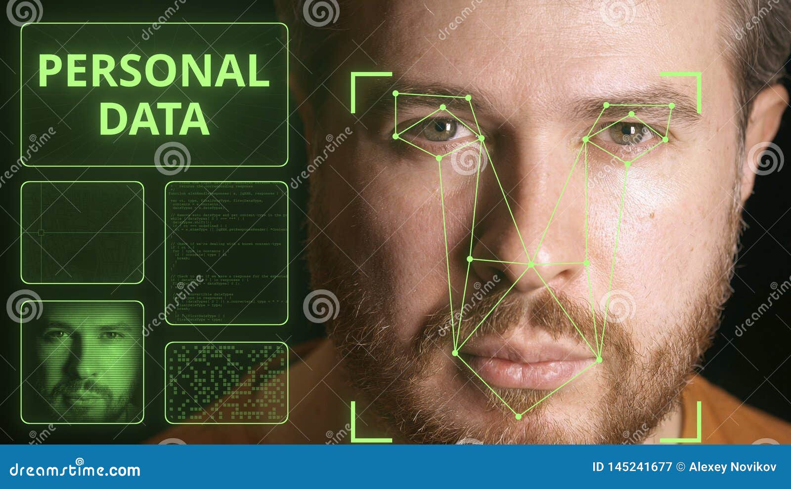 Computer Security System Scanning Man`s Face. Personal Data Related ...