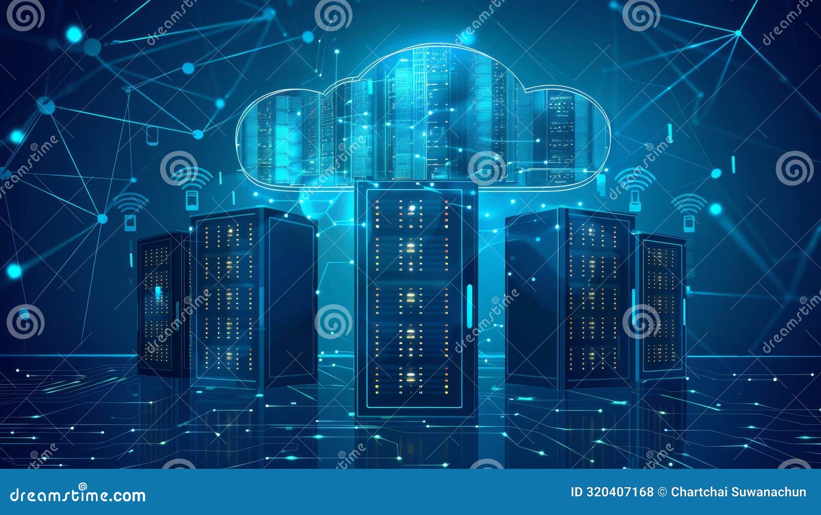 A Computer Server Farm is Shown in a Blue and White Color Scheme by AI ...