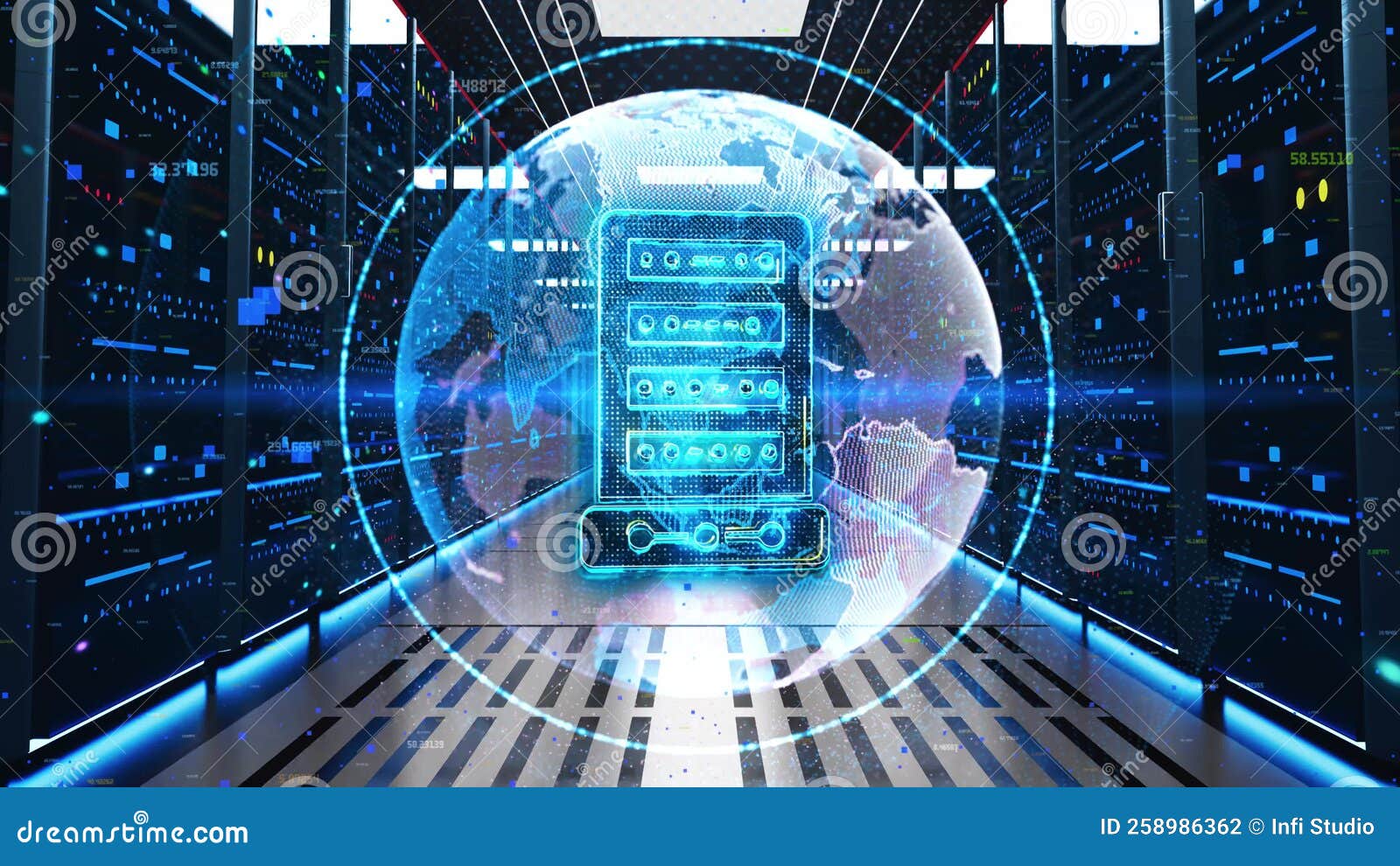 Computer Server Icon Moving through Rack Servers in Data Center. Stock ...