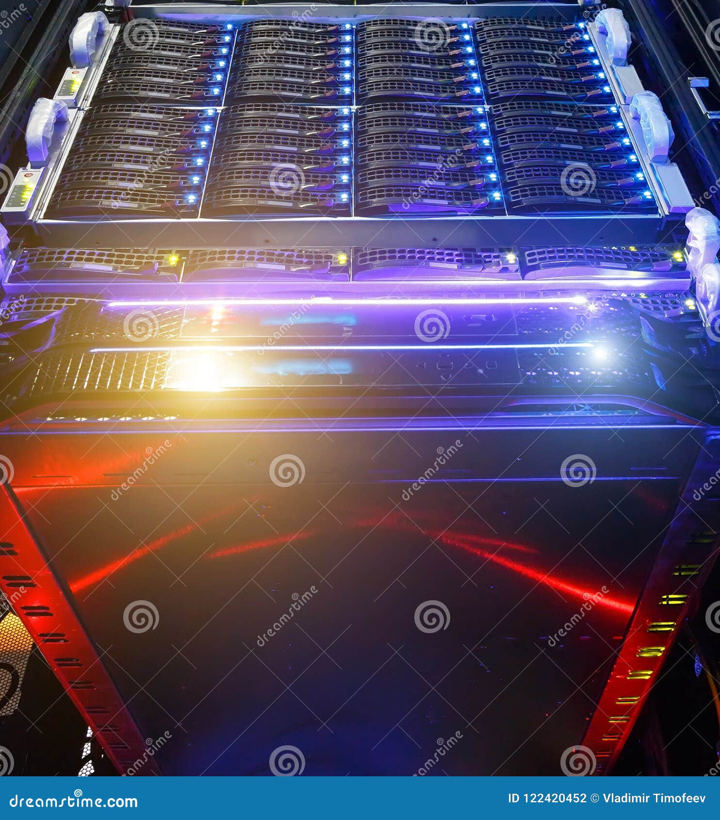 Computer Server Mount on Rack in Data Center Room with Red Lighting ...