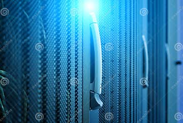 Computer Server in Rack Server Close-up with Blue Light Stock Image ...