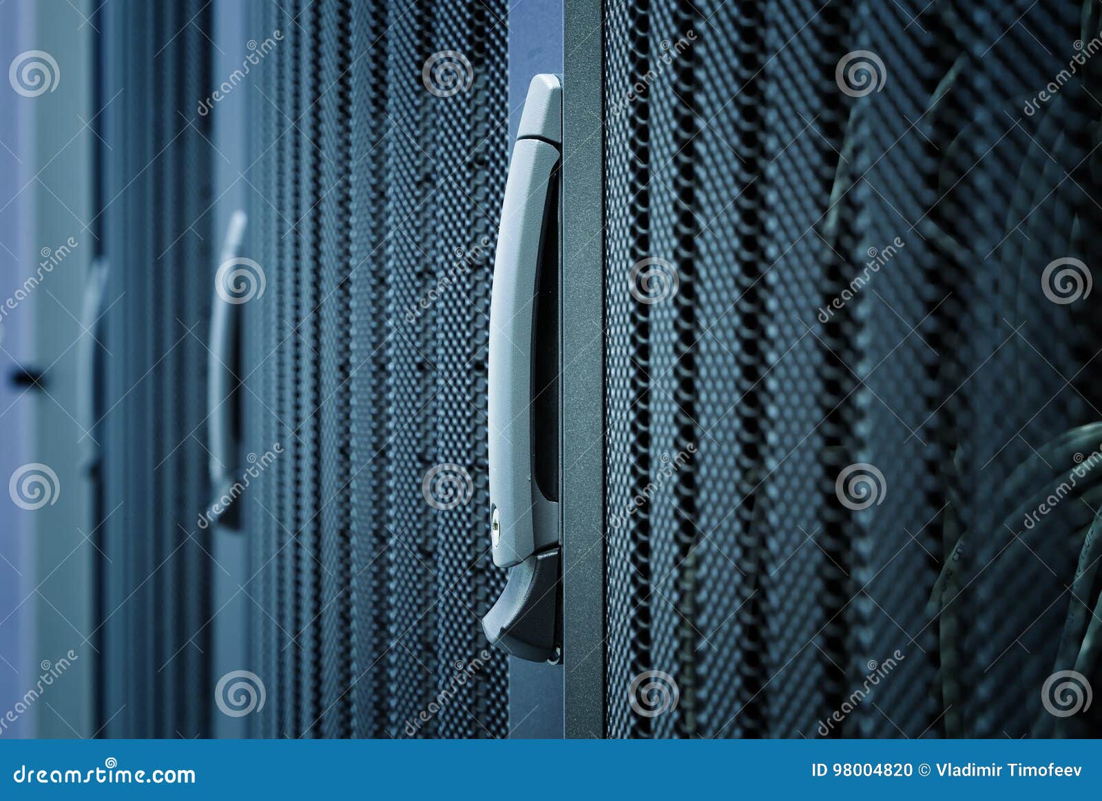 Computer Server in Rack Server Close-up with Blue Light Stock Photo ...