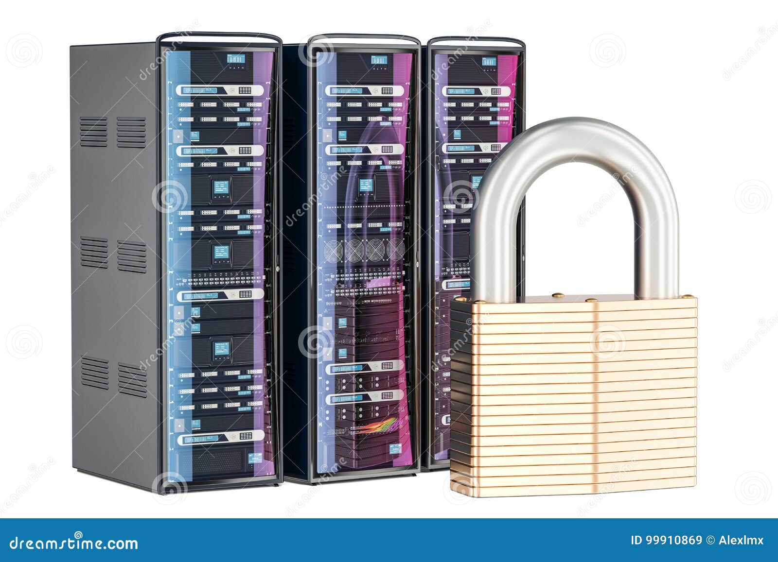 Computer Server Racks with Padlock. Security and Protection Concept, 3D ...