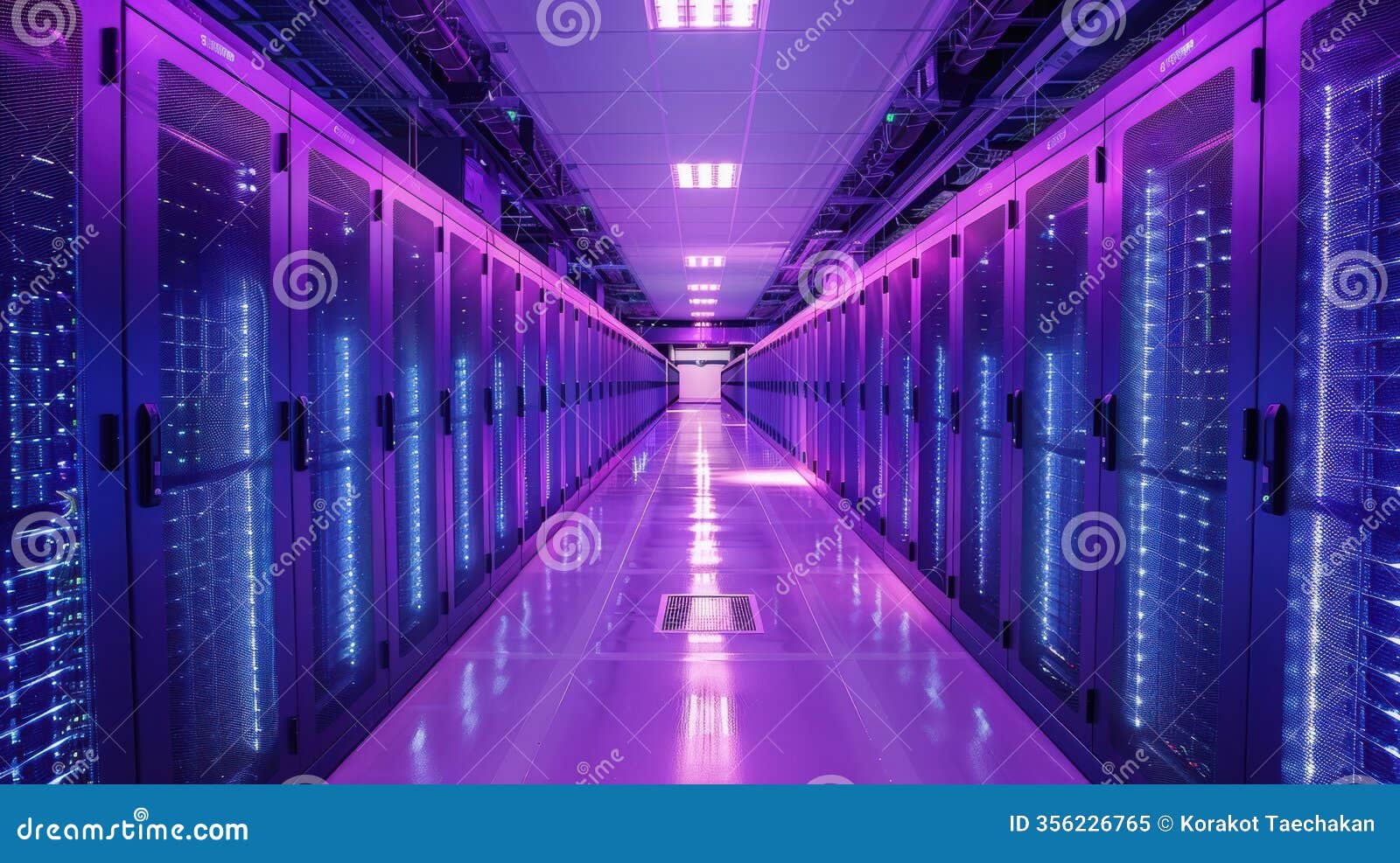 A Computer Server Room with a Blue Background and Red and Blue Lights ...