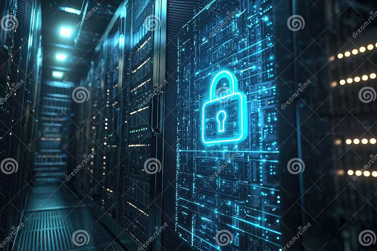A Computer Server Room with a Blue Lock on a Screen Stock Photo - Image ...