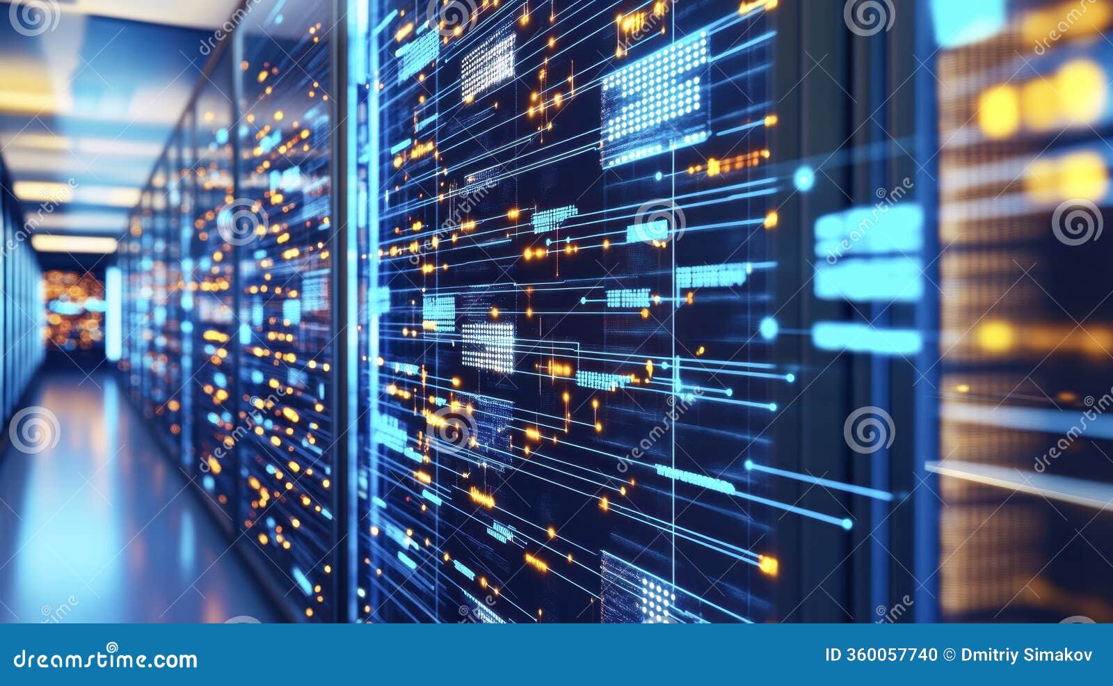 A Computer Server Room with a Blue and Orange Background Stock ...