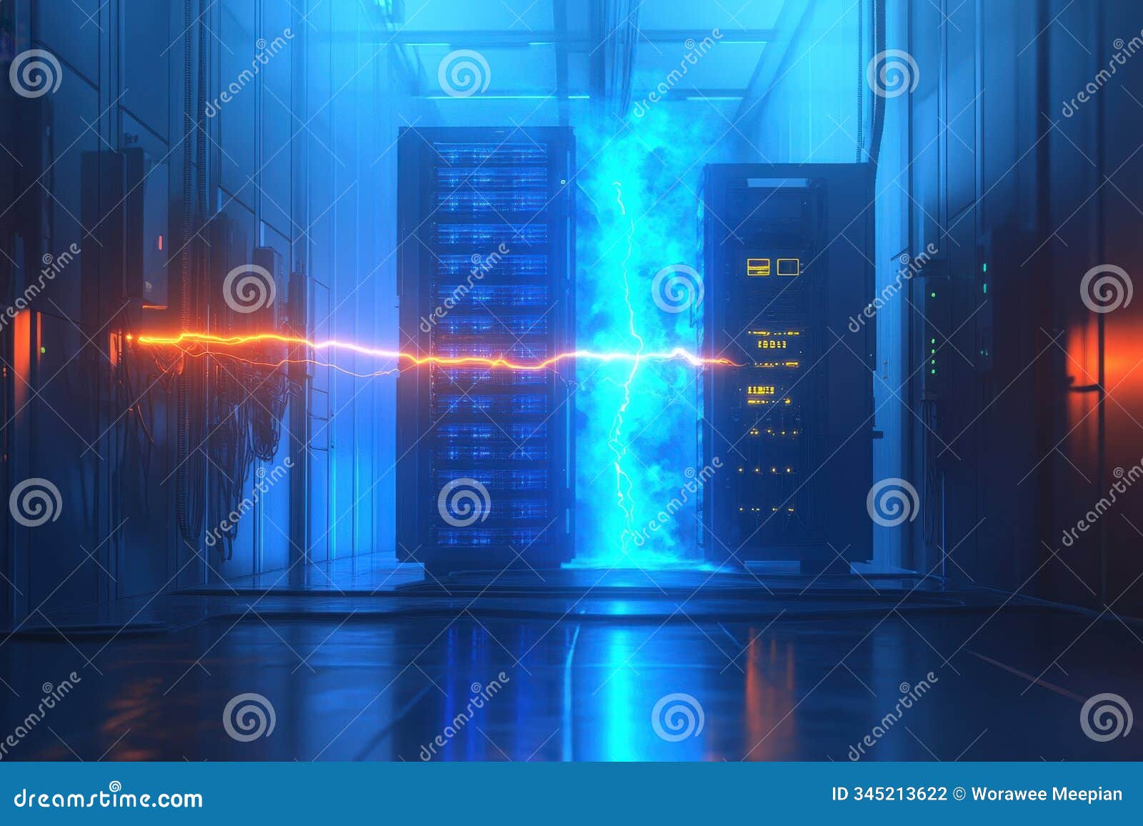 A Computer Server Room with a Blue and Orange Lightning Bolt Stock ...