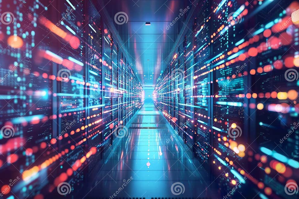 A Computer Server Room with a Blue and Red Light Display Stock Photo ...