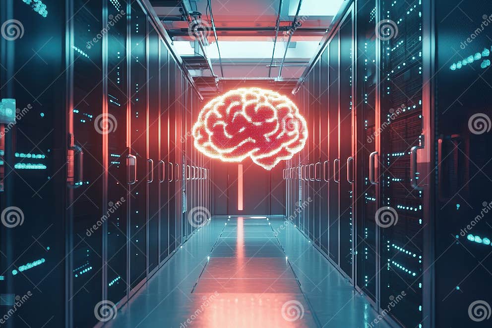 A Computer Server Room with a Glowing Brain on the Wall Stock Photo ...