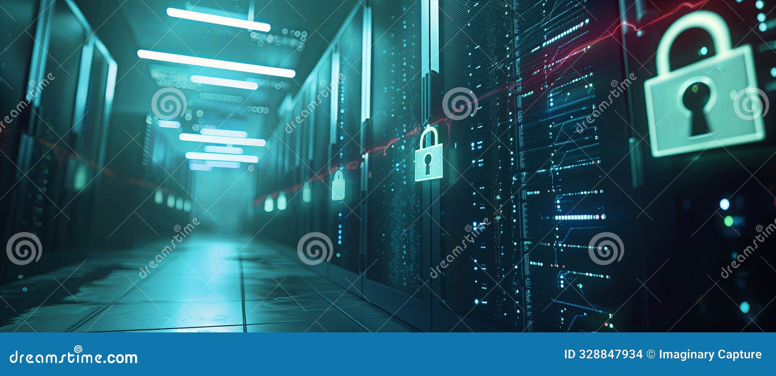 A Computer Server Room with a Green Door and a Red Lock. Digital ...