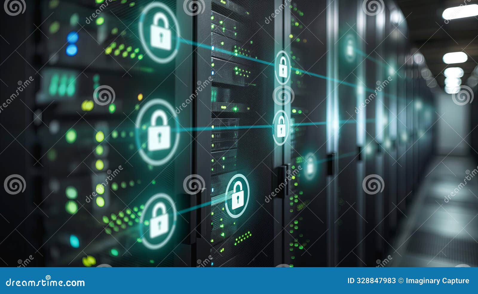 A Computer Server Room with a Green Line of Security Icons. Digital ...