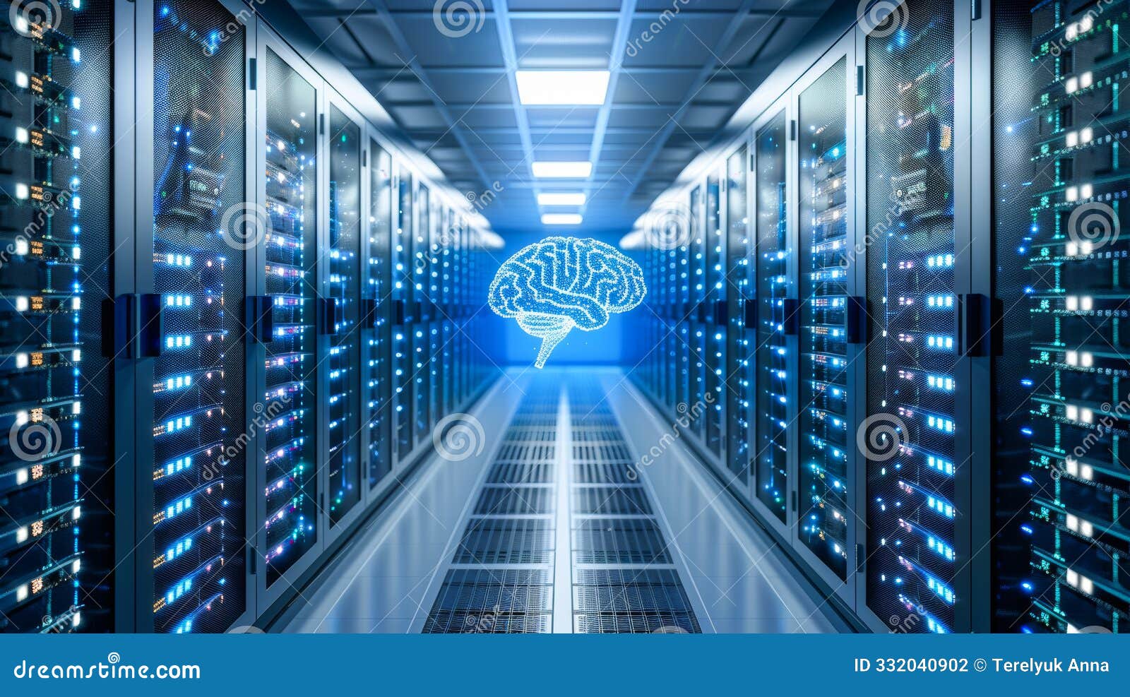 A Computer Server Room with a Large Brain Symbol on the Wall Stock ...