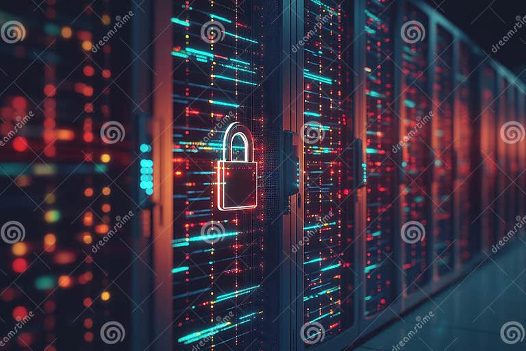 A Computer Server Room with a Large Number of Servers and a Lock on the ...