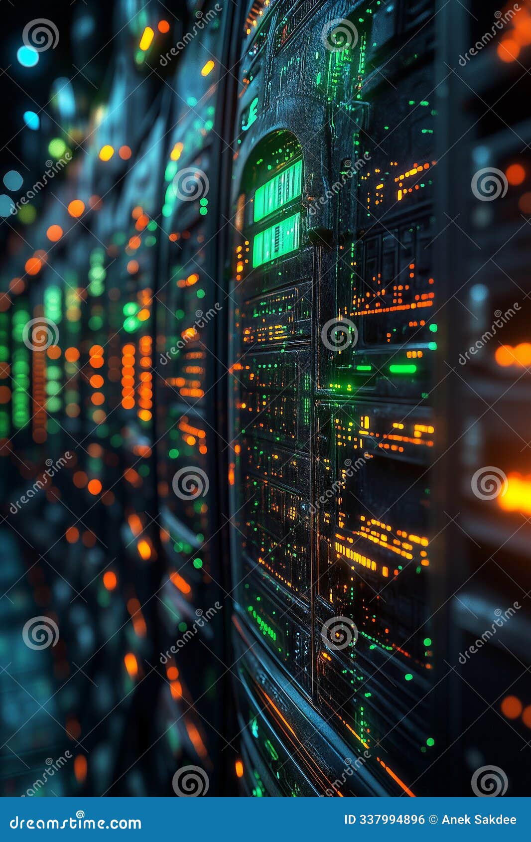A Computer Server Room with Many Green and Orange Lights Stock Photo ...