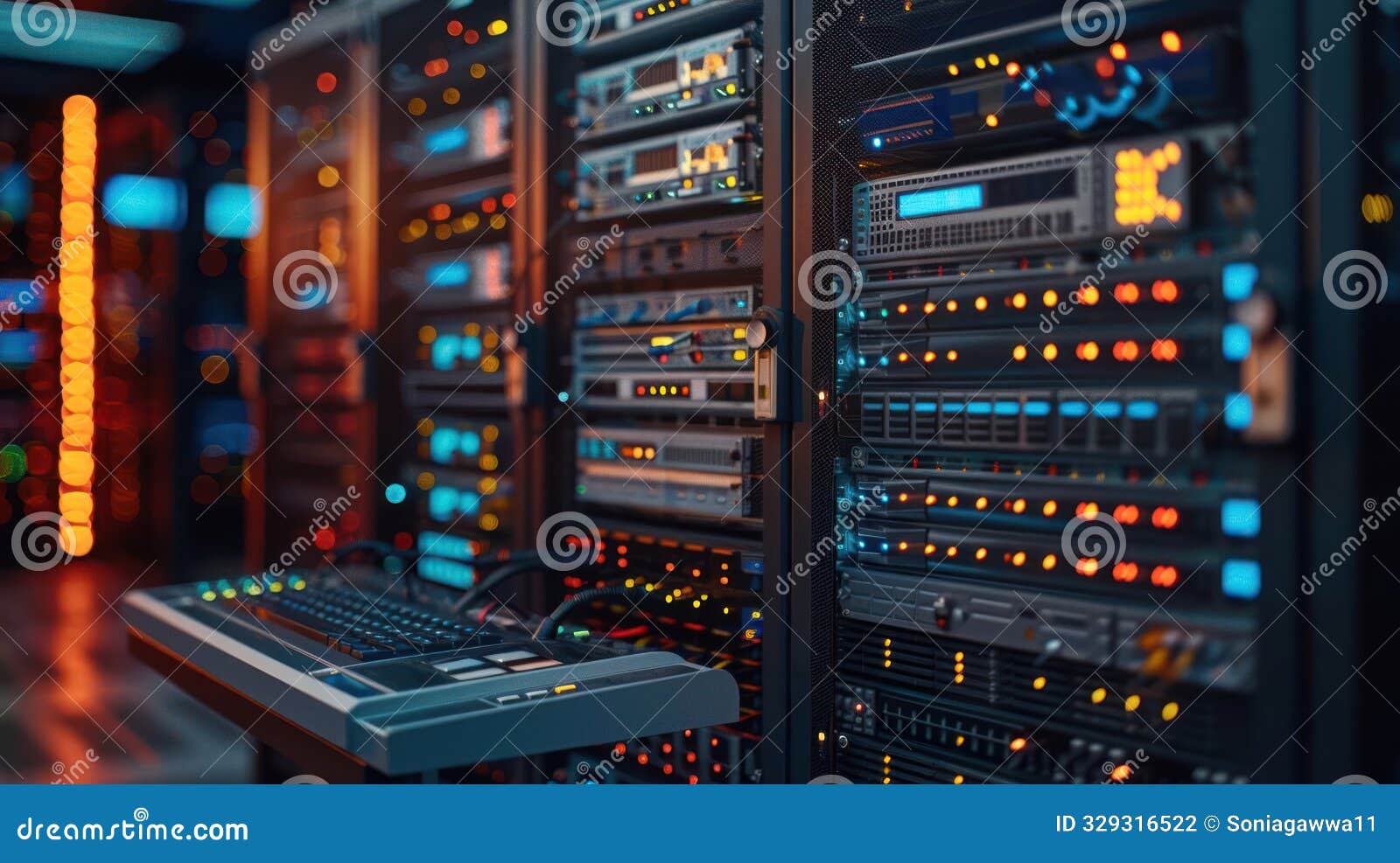 A Computer Server Room with Many Servers and a Keyboard Stock ...