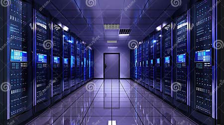 Computer Server Room with Multiple Rows of Identical Servers Lit by ...