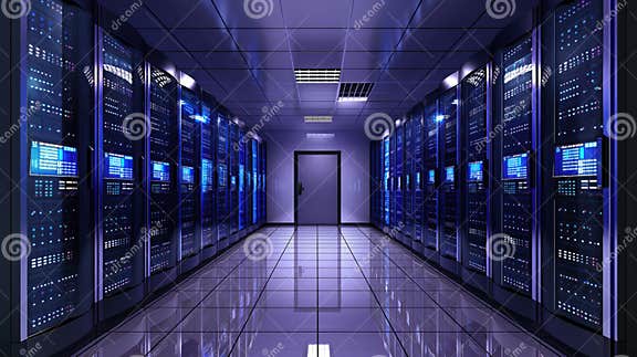 Computer Server Room with Multiple Rows of Identical Servers Lit by ...