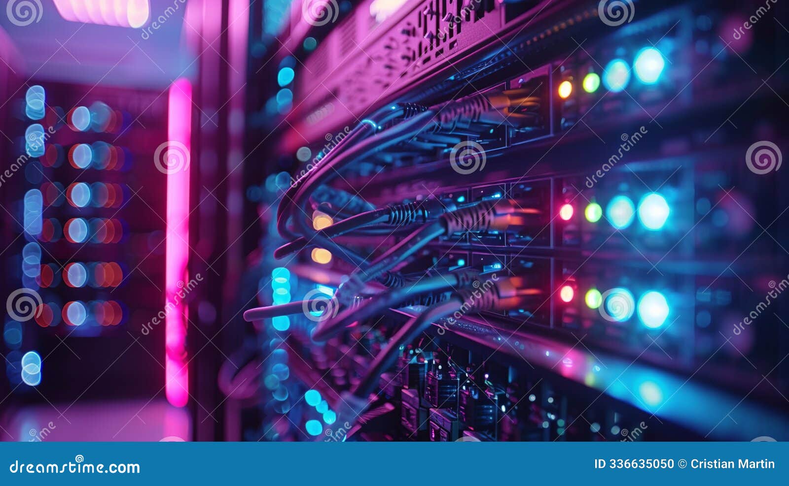 A Computer Server Room with Neon Lights and Cables Stock Photo - Image ...