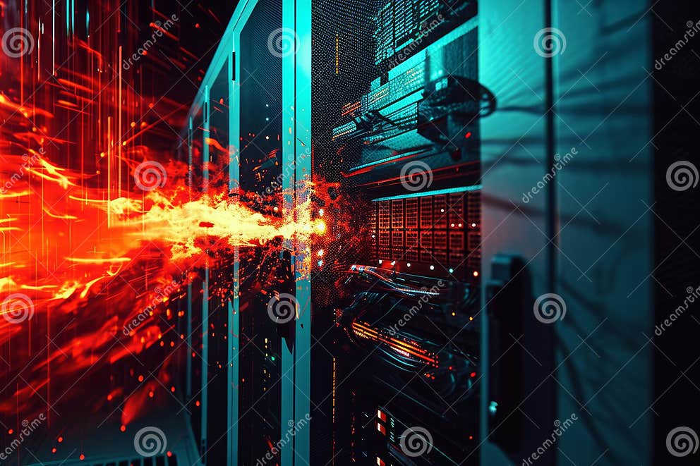 A Computer Server is Shown with Vibrant Red and Blue Flames Bursting ...