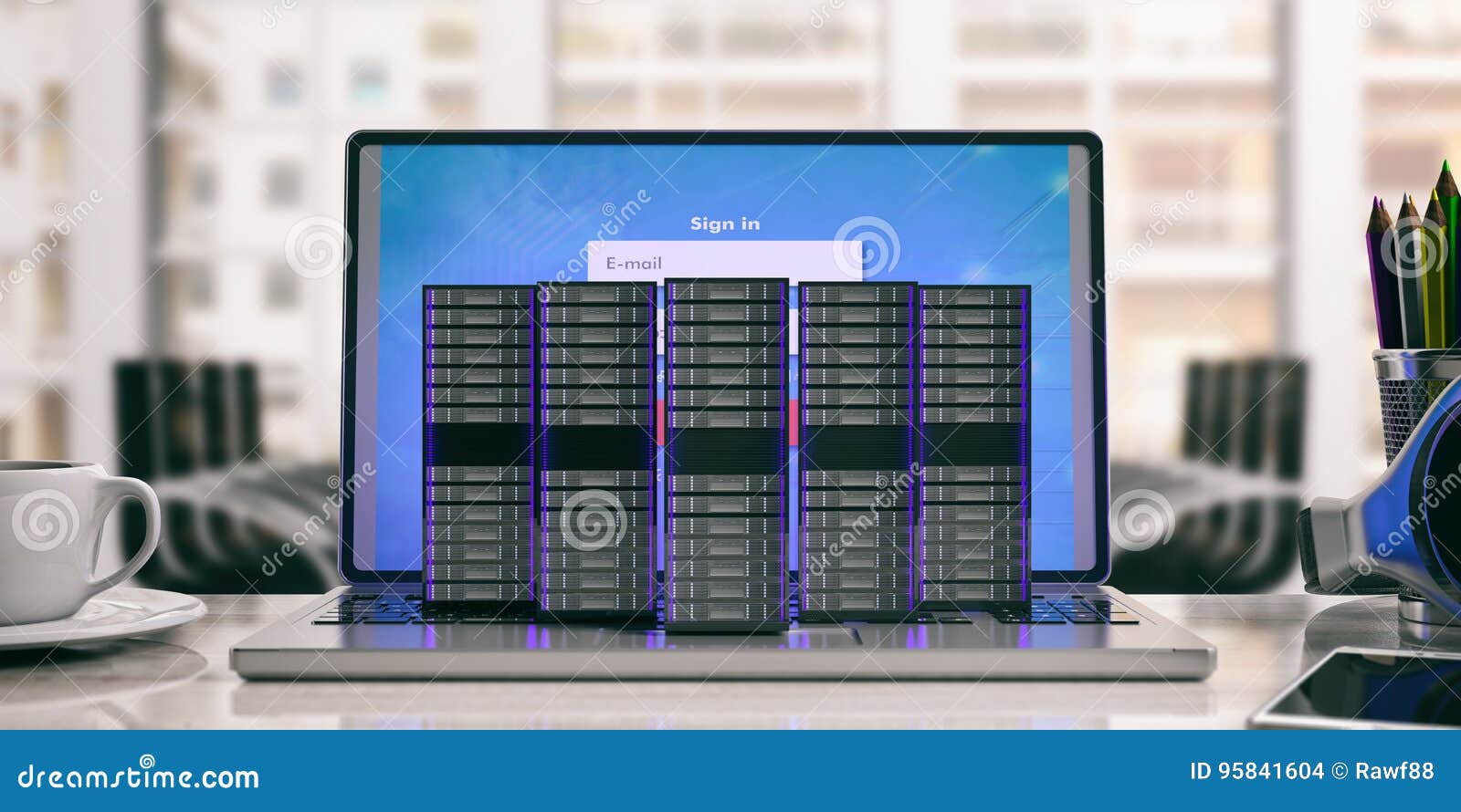 Computer Server Storage Units and Laptop on Office Background. 3d ...