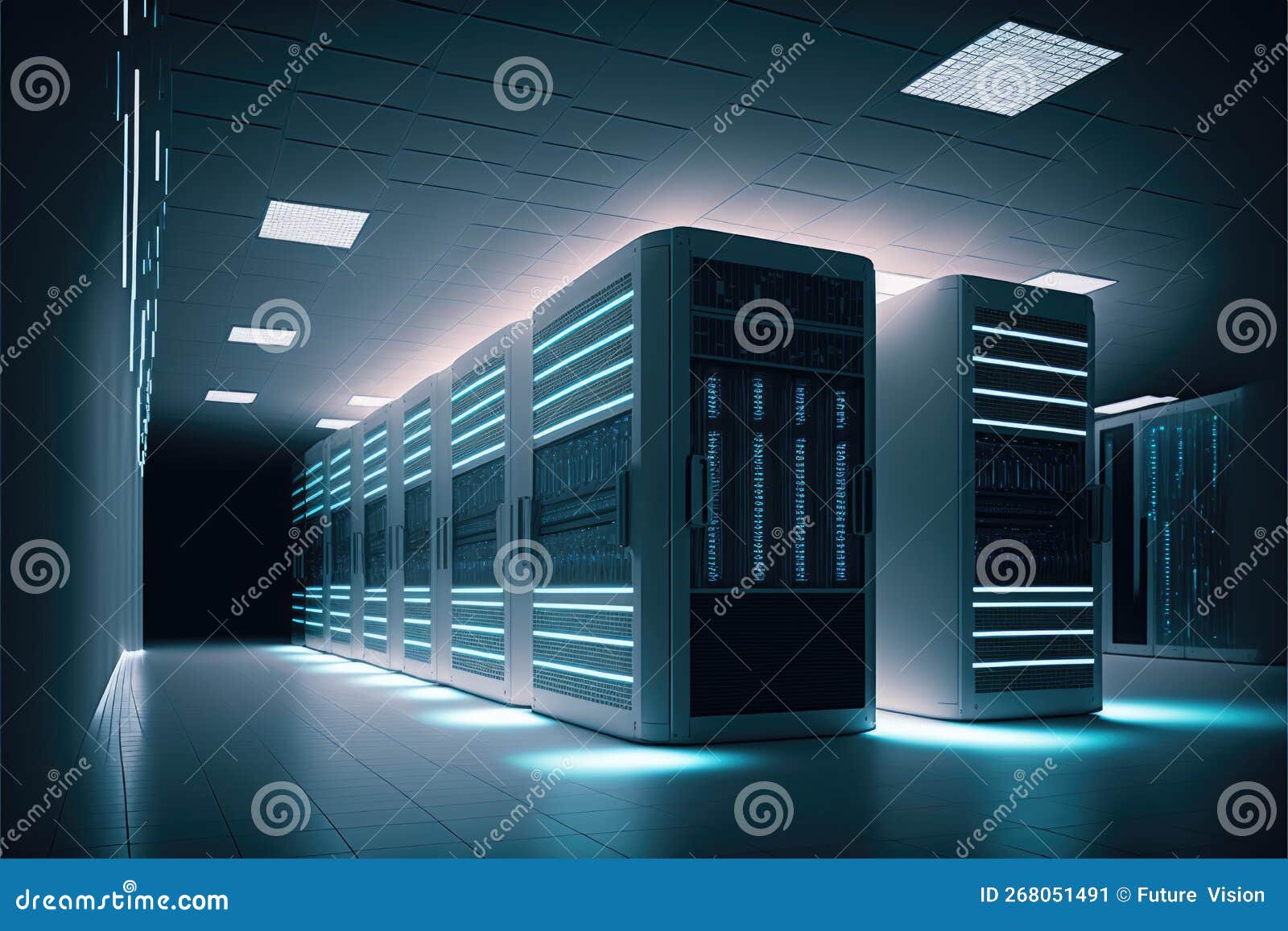 Computer Servers with Blue Lights in Server Farm, Created Using ...