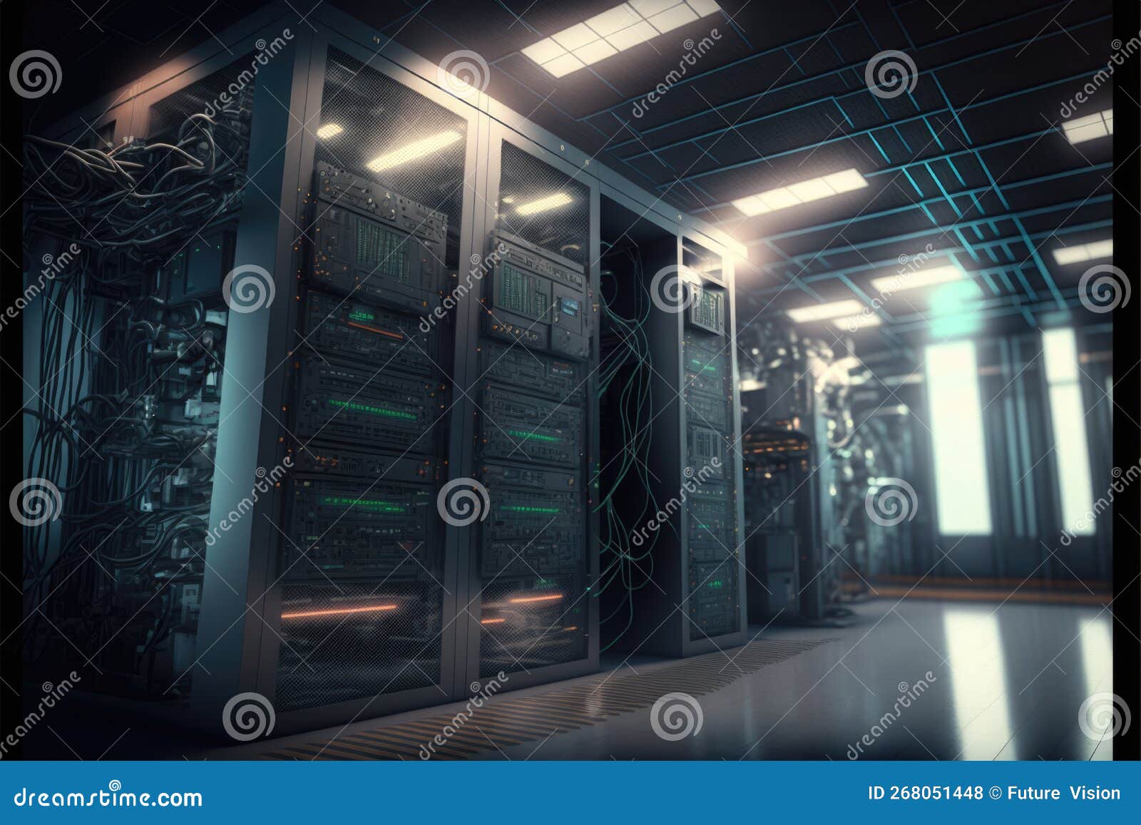 Computer Servers with Lights in Server Farm, Created Using Generative ...