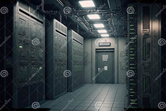 Computer Servers with Lights in Server Farm, Created Using Generative ...