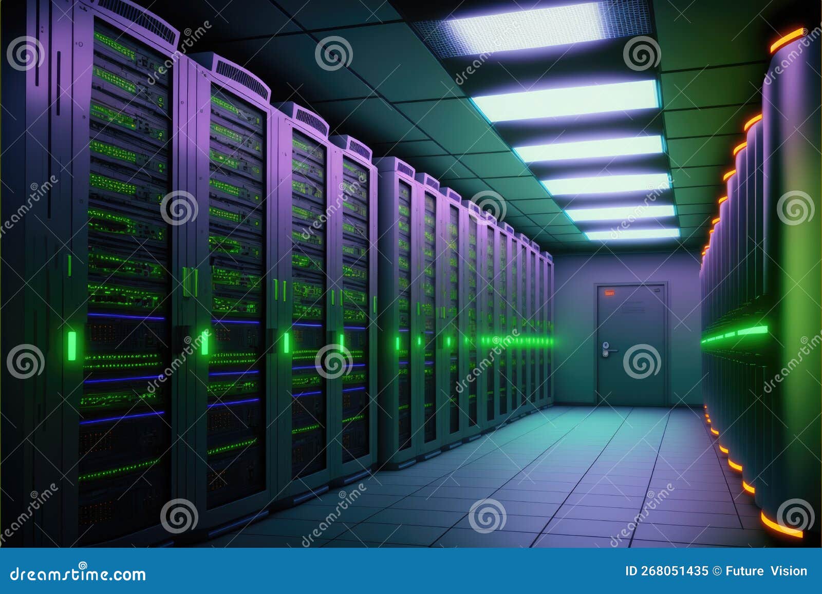 Computer Servers with Purple and Green Lights in Server Farm, Created ...