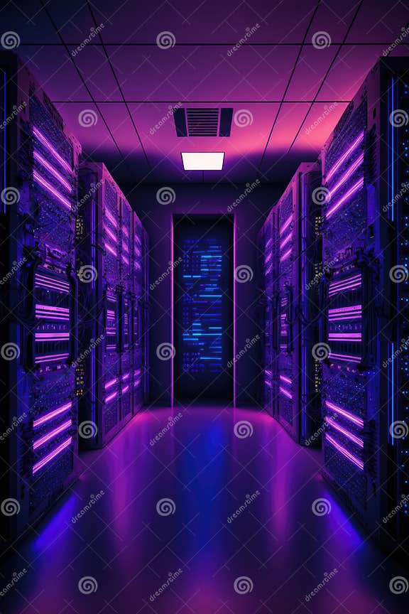 Computer Servers with Purple Lights in Server Farm, Created Using ...