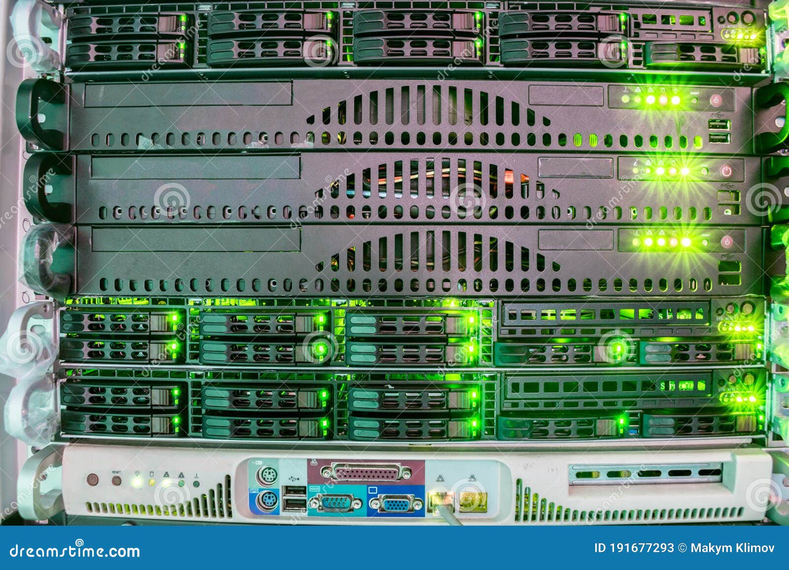 Computer Servers are in the Rack of a Modern Data Center. Database of ...