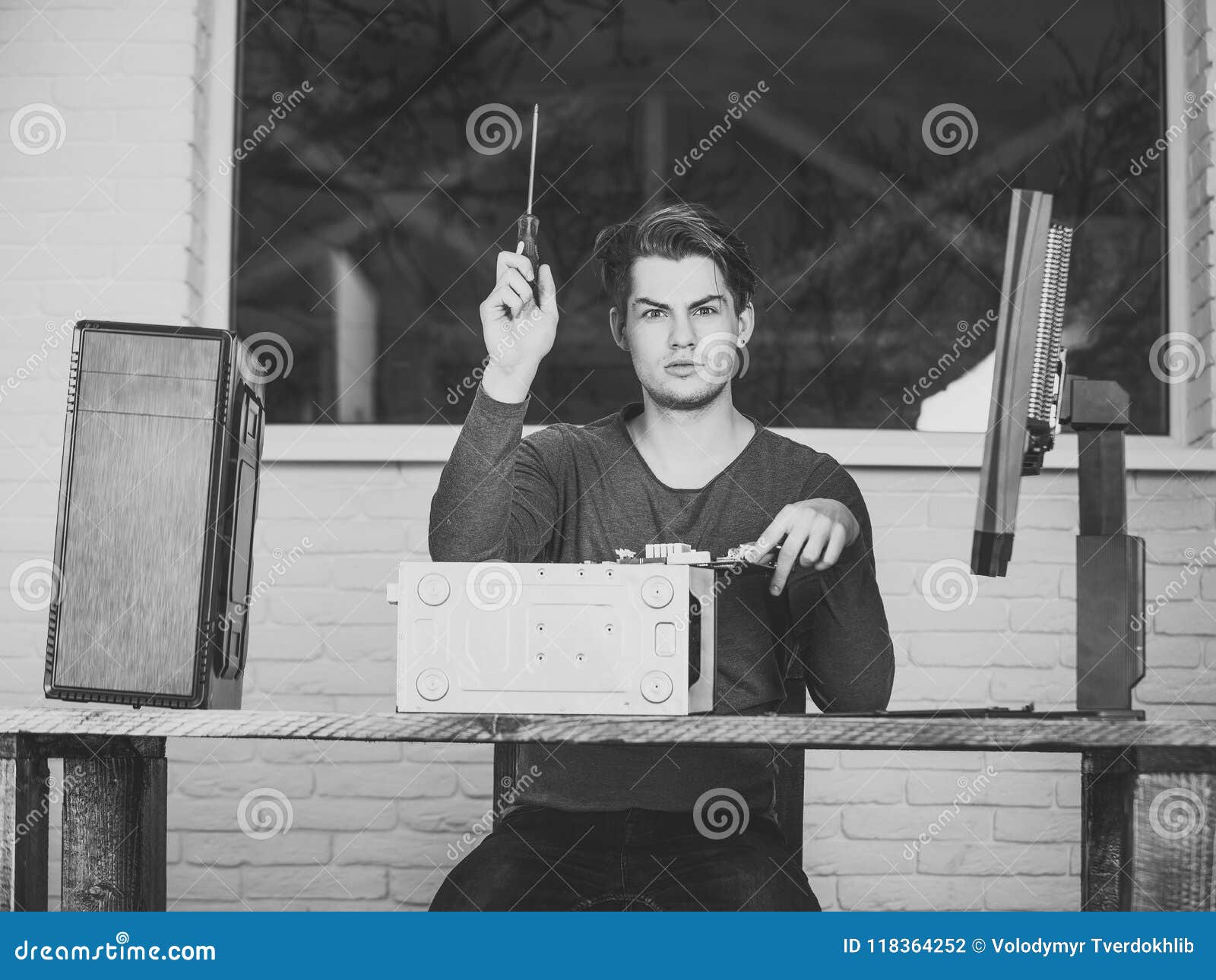 Computer Service. Man Fix Computer Device or Printer Stock Photo ...