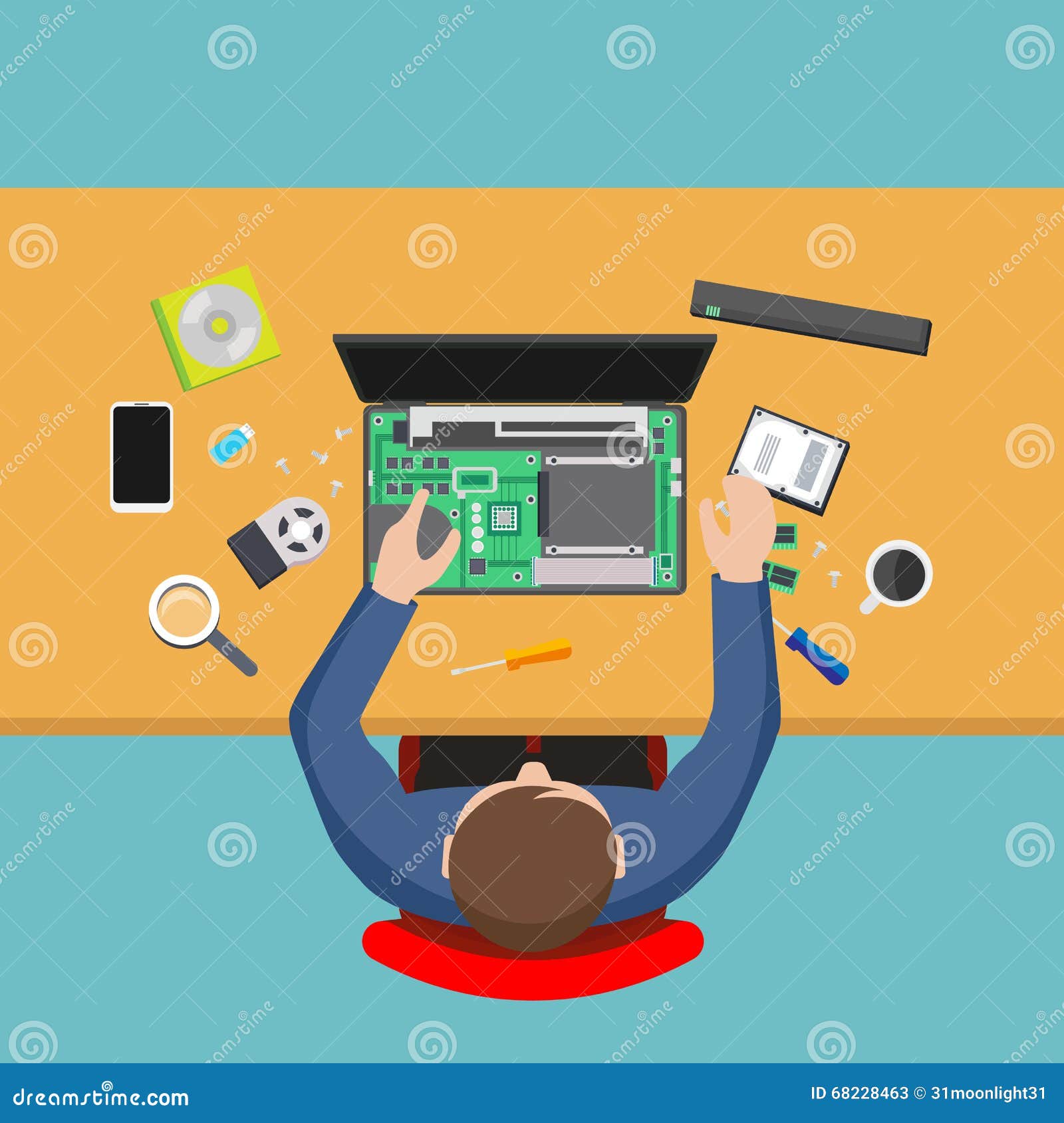 Computer Service. Man Repairing Computer Stock Vector - Illustration of ...